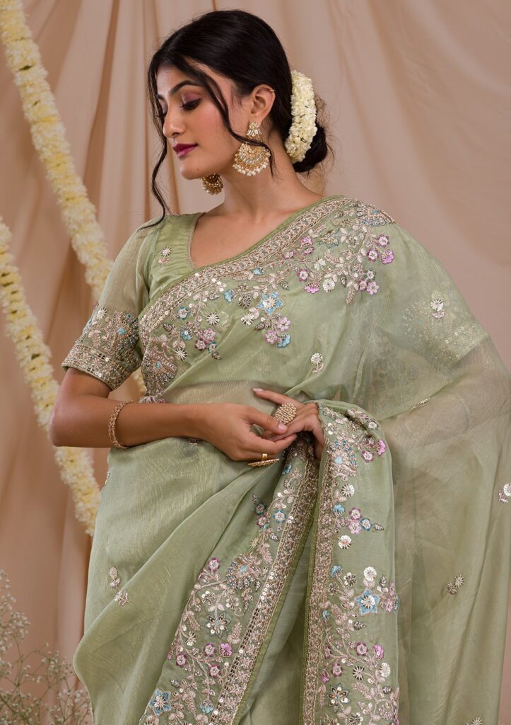 Trending Pista Colour Blouse Design Ideas for Sarees & Lehengas